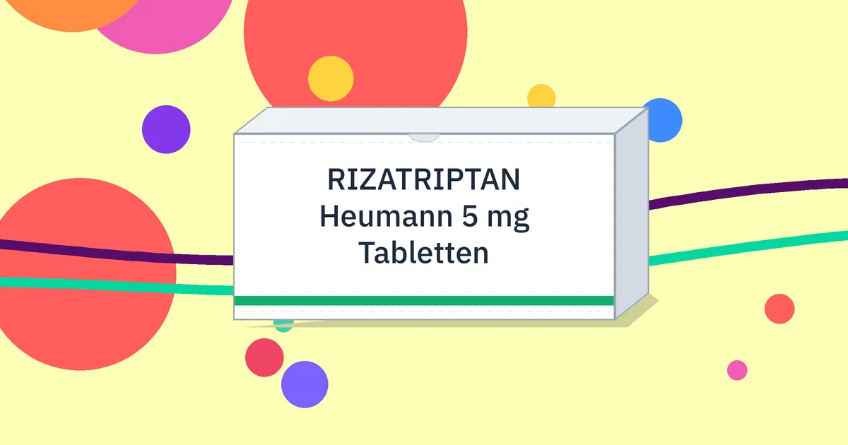Symbolbild: Packung mit der Aufschrift RIZATRIPTAN Heumann 5 mg Tabletten (PZN 11871287) – Verfügbarkeit und Bezug in Apotheken in Frankfurt am Main