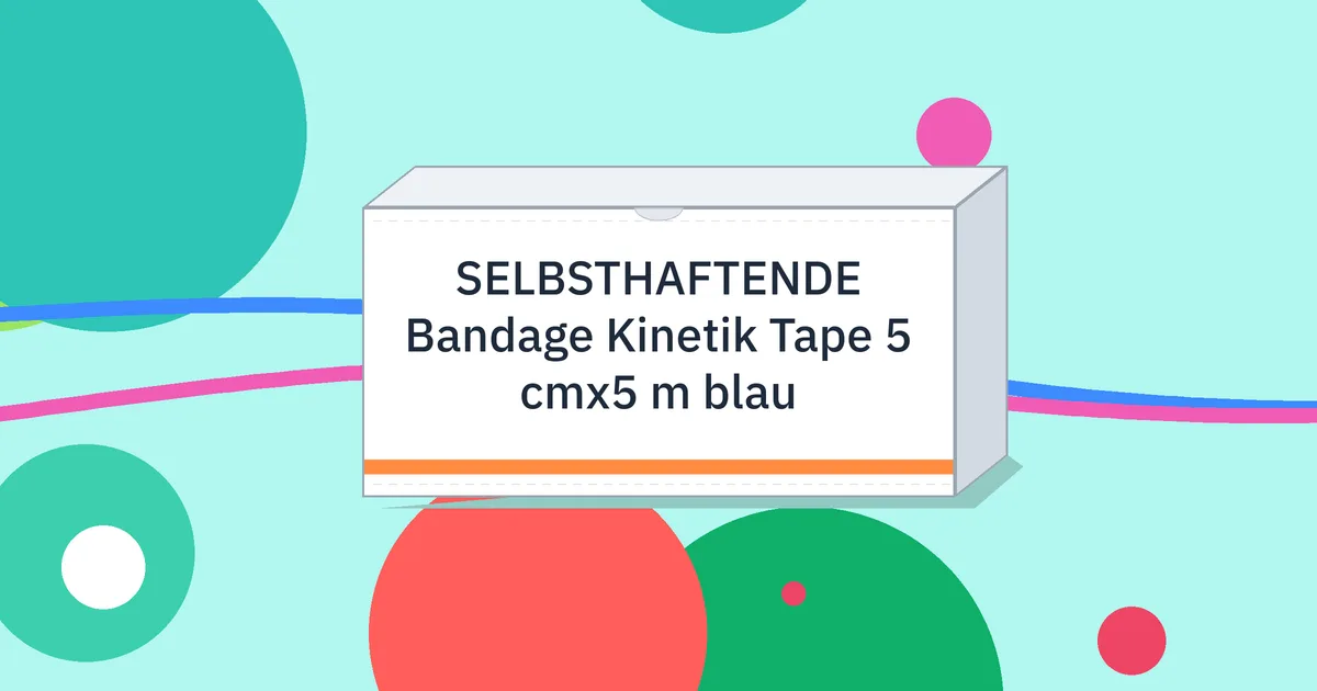 Symbolbild: Packung mit der Aufschrift SELBSTHAFTENDE Bandage Kinetik Tape 5 cmx5 m blau (PZN 16204213) – Verfügbarkeit und Bezug in Apotheken in Frankfurt am Main
