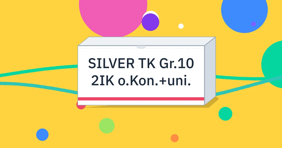 Symbolbild: Packung mit der Aufschrift SILVER TK Gr.10 2IK o.Kon.+uni. (PZN 10209853) – Verfügbarkeit und Bezug in Apotheken in Frankfurt am Main