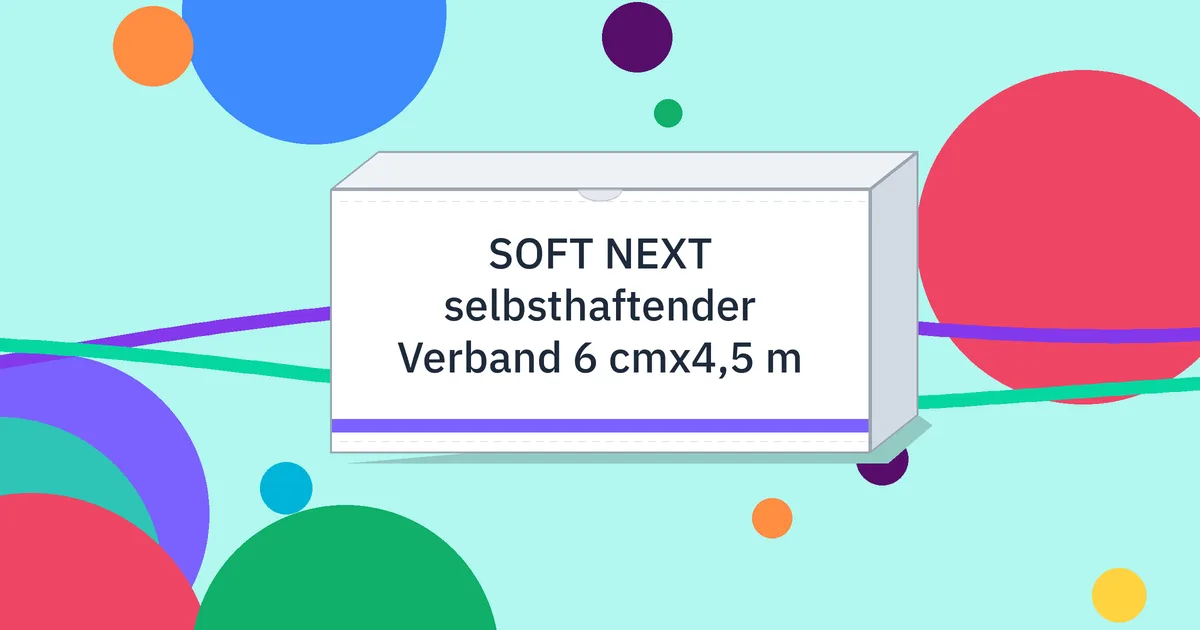 Symbolbild: Packung mit der Aufschrift SOFT NEXT selbsthaftender Verband 6 cmx4,5 m (PZN 20364738) – Verfügbarkeit und Bezug in Apotheken in Frankfurt am Main