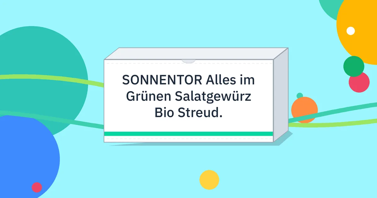 Symbolbild: Packung mit der Aufschrift SONNENTOR Alles im Grünen Salatgewürz Bio Streud. (PZN 18902832) – Verfügbarkeit und Bezug in Apotheken in Frankfurt am Main