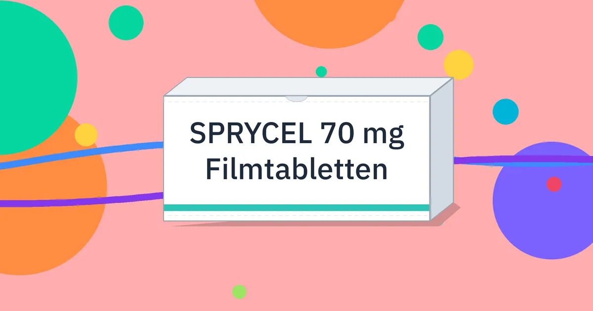 Symbolbild: Packung mit der Aufschrift SPRYCEL 70 mg Filmtabletten (PZN 10418752) – Verfügbarkeit und Bezug in Apotheken in Frankfurt am Main