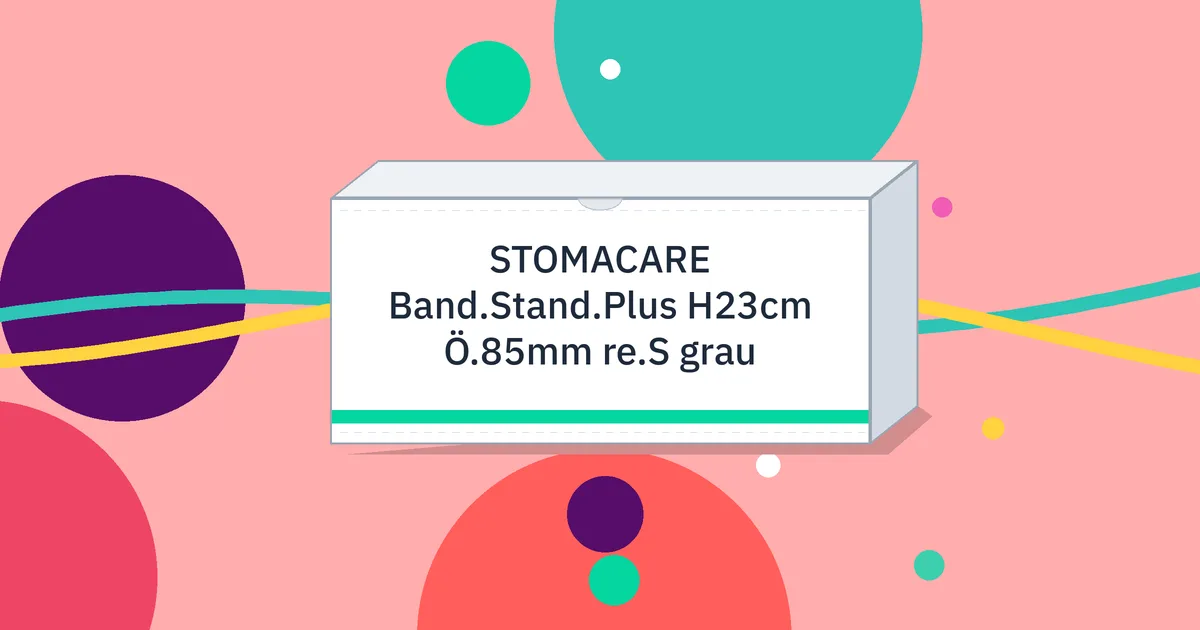 Symbolbild: Packung mit der Aufschrift STOMACARE Band.Stand.Plus H23cm Ö.85mm re.S grau (PZN 16751228) – Verfügbarkeit und Bezug in Apotheken in Frankfurt am Main