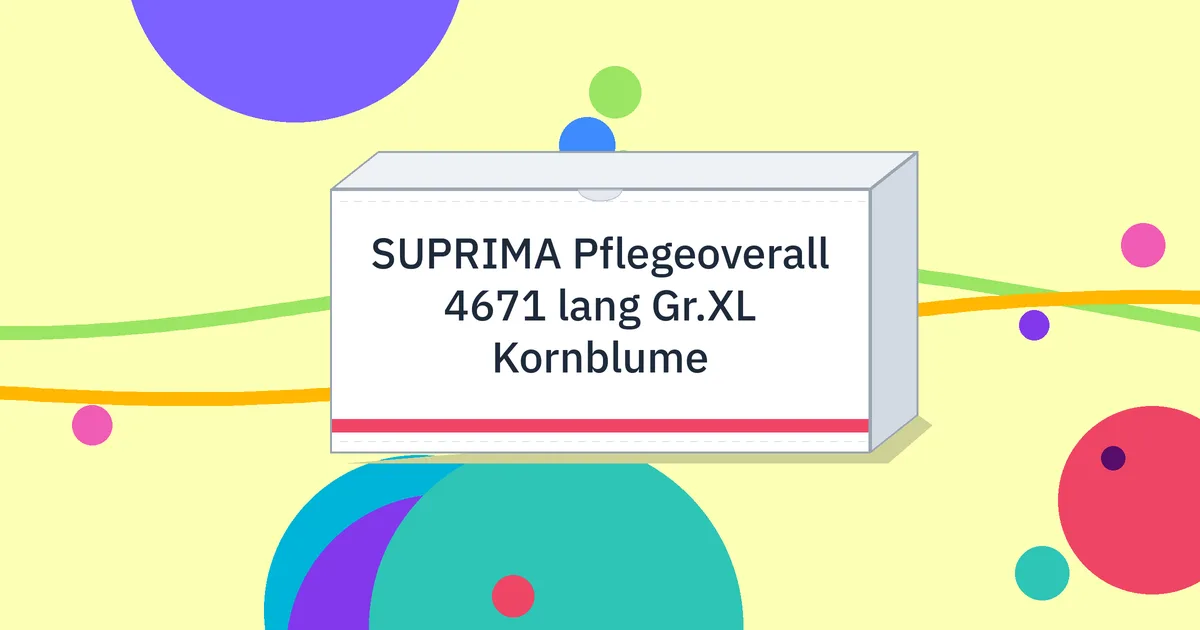 Symbolbild: Packung mit der Aufschrift SUPRIMA Pflegeoverall 4671 lang Gr.XL Kornblume (PZN 11660030) – Verfügbarkeit und Bezug in Apotheken in Frankfurt am Main