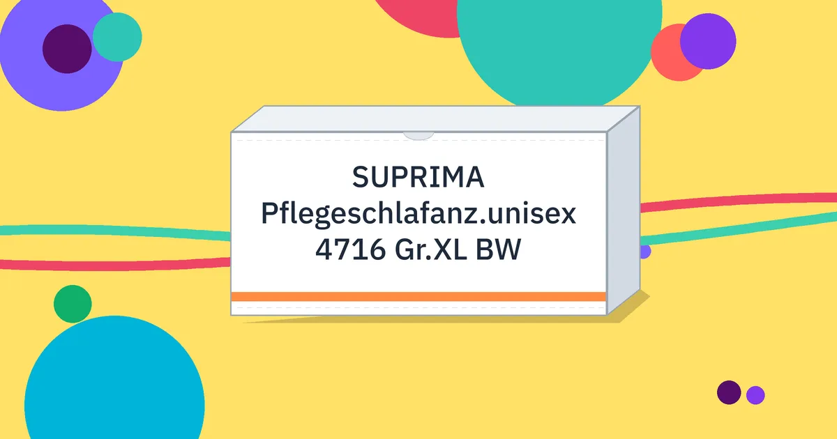 Symbolbild: Packung mit der Aufschrift SUPRIMA Pflegeschlafanz.unisex 4716 Gr.XL BW (PZN 16321829) – Verfügbarkeit und Bezug in Apotheken in Frankfurt am Main