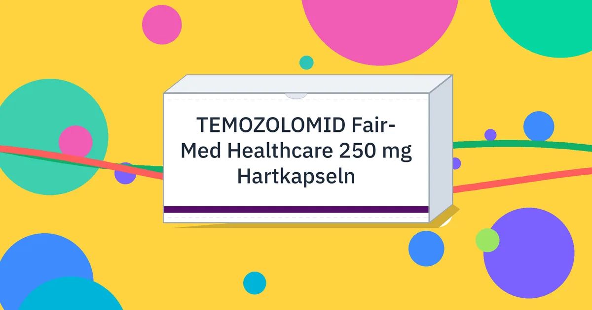 Symbolbild: Packung mit der Aufschrift TEMOZOLOMID Fair-Med Healthcare 250 mg Hartkapseln (PZN 10097555) – Verfügbarkeit und Bezug in Apotheken in Frankfurt am Main