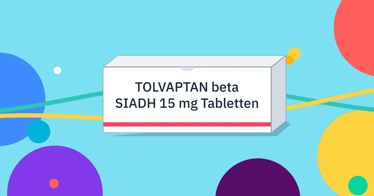 Symbolbild: Packung mit der Aufschrift TOLVAPTAN beta SIADH 15 mg Tabletten (PZN 19155461) – Verfügbarkeit und Bezug in Apotheken in Frankfurt am Main