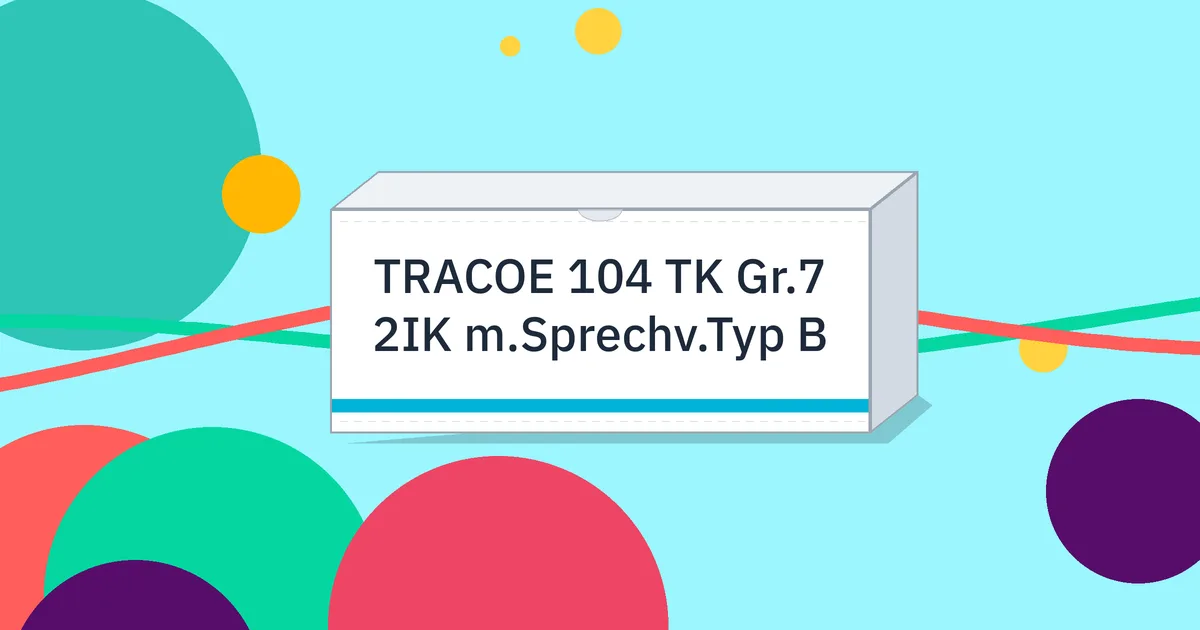 Symbolbild: Packung mit der Aufschrift TRACOE 104 TK Gr.7 2IK m.Sprechv.Typ B (PZN 02722772) – Verfügbarkeit und Bezug in Apotheken in Frankfurt am Main