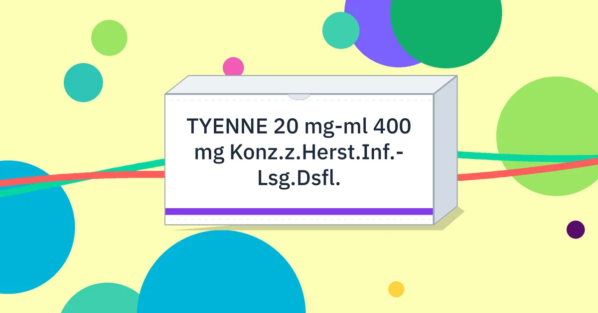 Symbolbild: Packung mit der Aufschrift TYENNE 20 mg-ml 400 mg Konz.z.Herst.Inf.-Lsg.Dsfl. (PZN 19467953) – Verfügbarkeit und Bezug in Apotheken in Frankfurt am Main