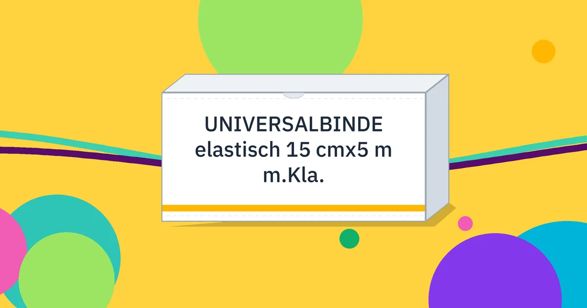 Symbolbild: Packung mit der Aufschrift UNIVERSALBINDE elastisch 15 cmx5 m m.Kla. (PZN 07388378) – Verfügbarkeit und Bezug in Apotheken in Frankfurt am Main