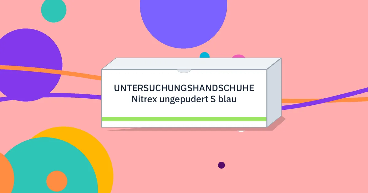 Symbolbild: Packung mit der Aufschrift UNTERSUCHUNGSHANDSCHUHE Nitrex ungepudert S blau (PZN 16878756) – Verfügbarkeit und Bezug in Apotheken in Frankfurt am Main