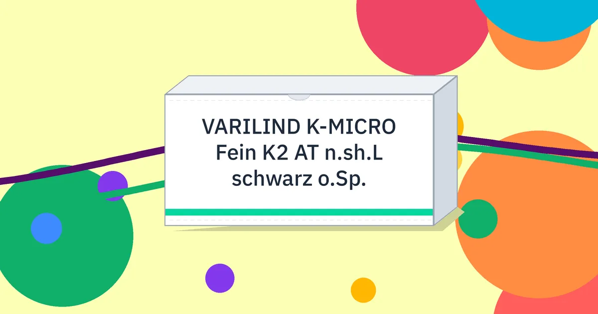 Symbolbild: Packung mit der Aufschrift VARILIND K-MICRO Fein K2 AT n.sh.L schwarz o.Sp. (PZN 20553830) – Verfügbarkeit und Bezug in Apotheken in Frankfurt am Main