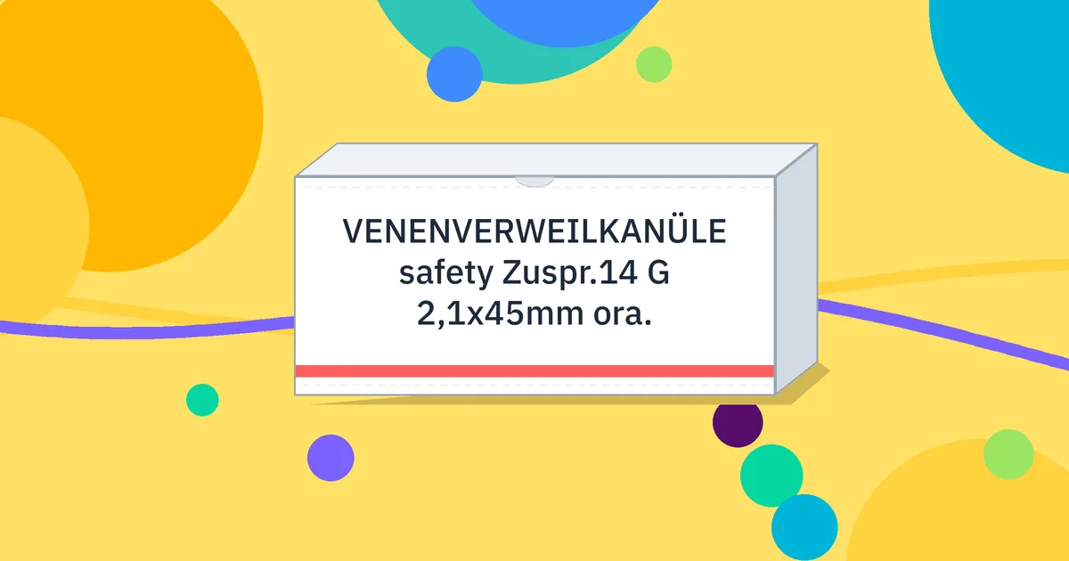 Symbolbild: Packung mit der Aufschrift VENENVERWEILKANÜLE safety Zuspr.14 G 2,1x45mm ora. (PZN 18717750) – Verfügbarkeit und Bezug in Apotheken in Frankfurt am Main
