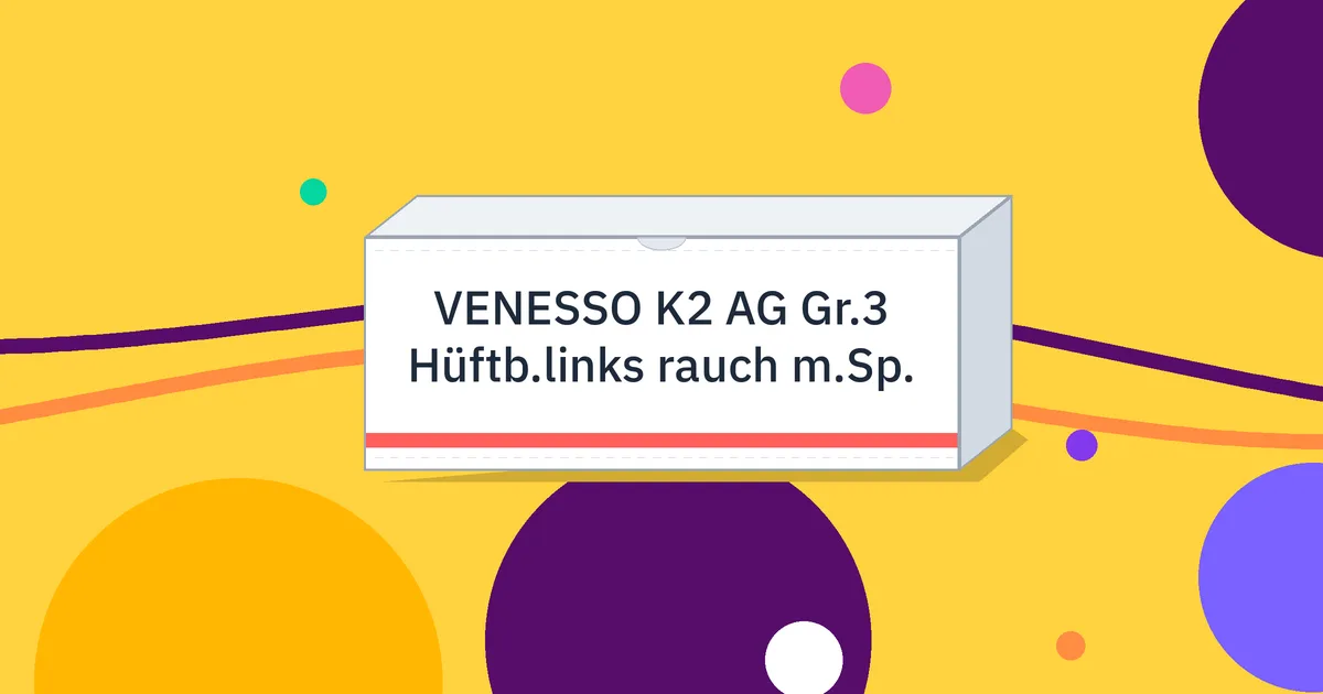 Symbolbild: Packung mit der Aufschrift VENESSO K2 AG Gr.3 Hüftb.links rauch m.Sp. (PZN 03266891) – Verfügbarkeit und Bezug in Apotheken in Frankfurt am Main