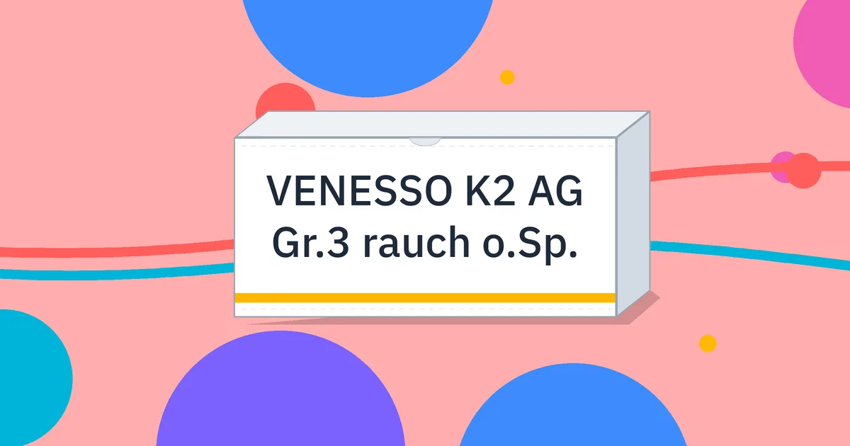 Symbolbild: Packung mit der Aufschrift VENESSO K2 AG Gr.3 rauch o.Sp. (PZN 03278871) – Verfügbarkeit und Bezug in Apotheken in Frankfurt am Main