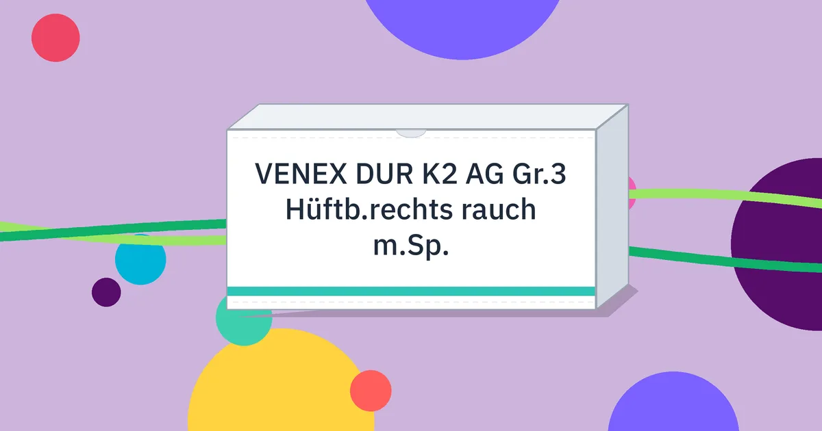 Symbolbild: Packung mit der Aufschrift VENEX DUR K2 AG Gr.3 Hüftb.rechts rauch m.Sp. (PZN 03228040) – Verfügbarkeit und Bezug in Apotheken in Frankfurt am Main