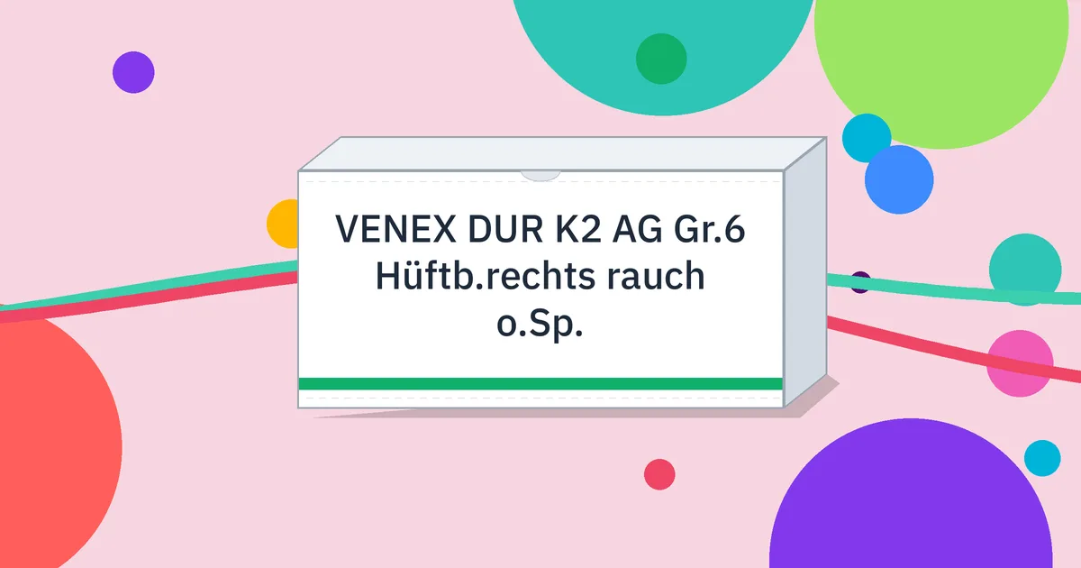 Symbolbild: Packung mit der Aufschrift VENEX DUR K2 AG Gr.6 Hüftb.rechts rauch o.Sp. (PZN 03231734) – Verfügbarkeit und Bezug in Apotheken in Frankfurt am Main