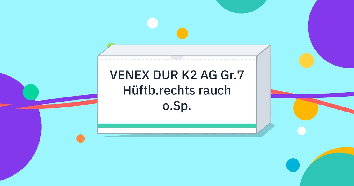 Symbolbild: Packung mit der Aufschrift VENEX DUR K2 AG Gr.7 Hüftb.rechts rauch o.Sp. (PZN 03231846) – Verfügbarkeit und Bezug in Apotheken in Frankfurt am Main