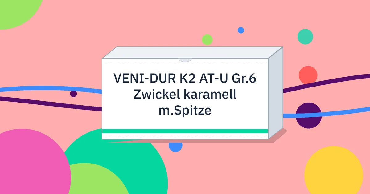 Symbolbild: Packung mit der Aufschrift VENI-DUR K2 AT-U Gr.6 Zwickel karamell m.Spitze (PZN 13758951) – Verfügbarkeit und Bezug in Apotheken in Frankfurt am Main