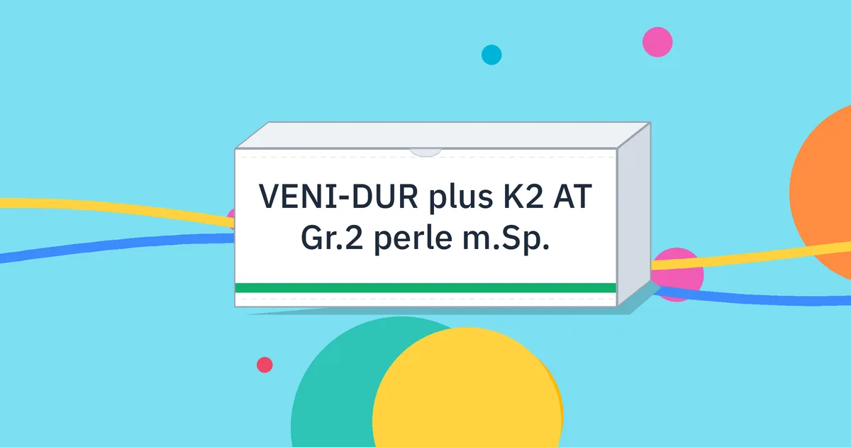Symbolbild: Packung mit der Aufschrift VENI-DUR plus K2 AT Gr.2 perle m.Sp. (PZN 03255226) – Verfügbarkeit und Bezug in Apotheken in Frankfurt am Main