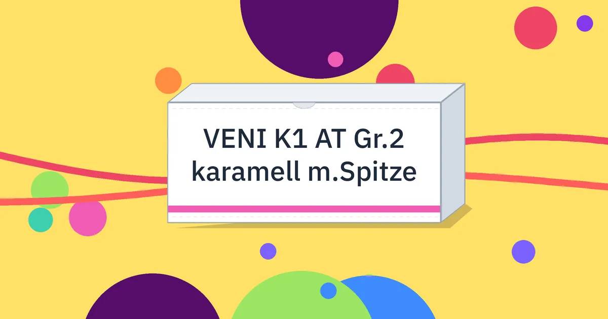 Symbolbild: Packung mit der Aufschrift VENI K1 AT Gr.2 karamell m.Spitze (PZN 13756780) – Verfügbarkeit und Bezug in Apotheken in Frankfurt am Main