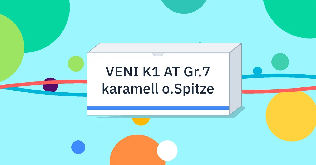 Symbolbild: Packung mit der Aufschrift VENI K1 AT Gr.7 karamell o.Spitze (PZN 13756946) – Verfügbarkeit und Bezug in Apotheken in Frankfurt am Main