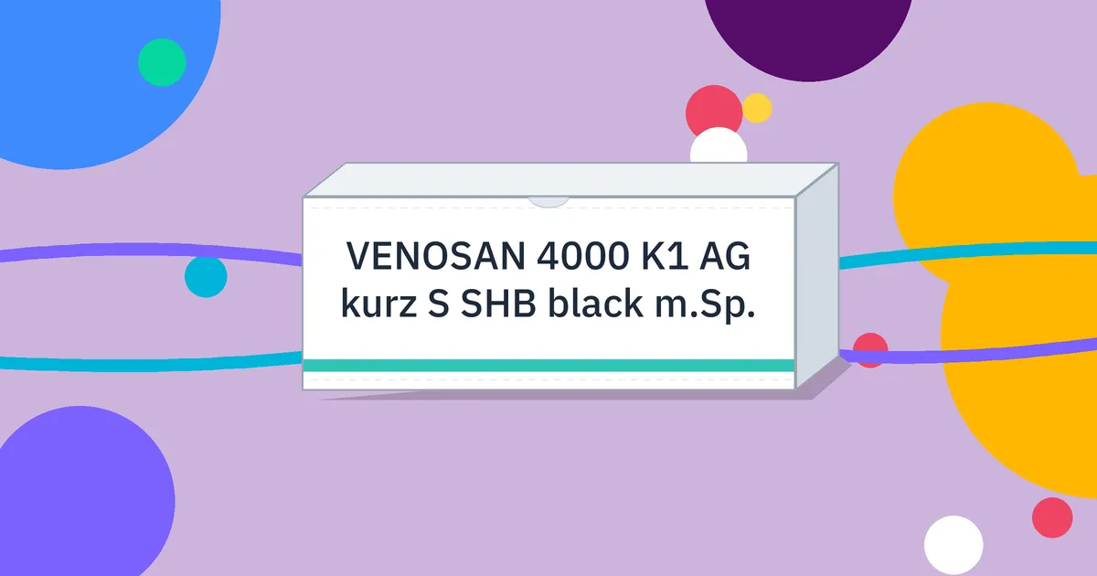 Symbolbild: Packung mit der Aufschrift VENOSAN 4000 K1 AG kurz S SHB black m.Sp. (PZN 14426978) – Verfügbarkeit und Bezug in Apotheken in Frankfurt am Main