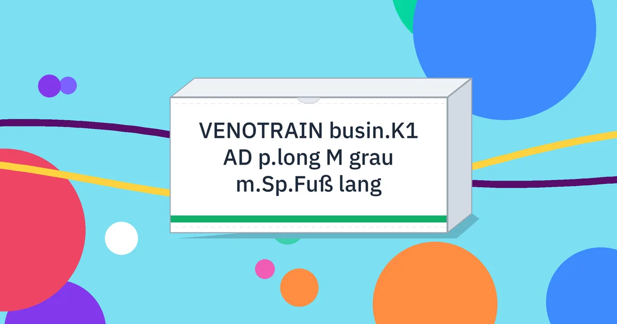 Symbolbild: Packung mit der Aufschrift VENOTRAIN busin.K1 AD p.long M grau m.Sp.Fuß lang (PZN 19056546) – Verfügbarkeit und Bezug in Apotheken in Frankfurt am Main