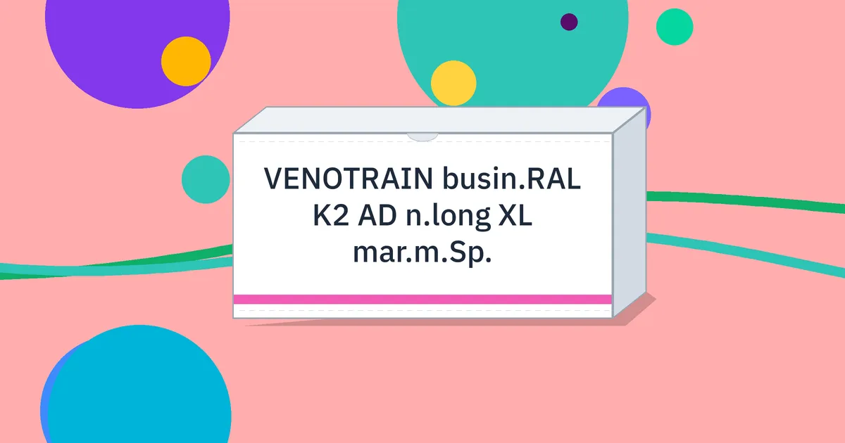 Symbolbild: Packung mit der Aufschrift VENOTRAIN busin.RAL K2 AD n.long XL mar.m.Sp. (PZN 06949225) – Verfügbarkeit und Bezug in Apotheken in Frankfurt am Main