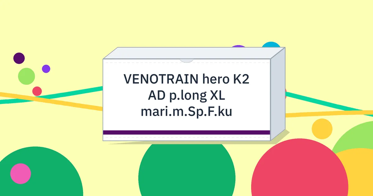 Symbolbild: Packung mit der Aufschrift VENOTRAIN hero K2 AD p.long XL mari.m.Sp.F.ku (PZN 19189201) – Verfügbarkeit und Bezug in Apotheken in Frankfurt am Main