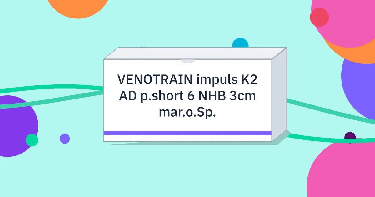 Symbolbild: Packung mit der Aufschrift VENOTRAIN impuls K2 AD p.short 6 NHB 3cm mar.o.Sp. (PZN 15223935) – Verfügbarkeit und Bezug in Apotheken in Frankfurt am Main