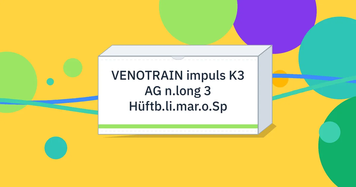 Symbolbild: Packung mit der Aufschrift VENOTRAIN impuls K3 AG n.long 3 Hüftb.li.mar.o.Sp (PZN 15220291) – Verfügbarkeit und Bezug in Apotheken in Frankfurt am Main