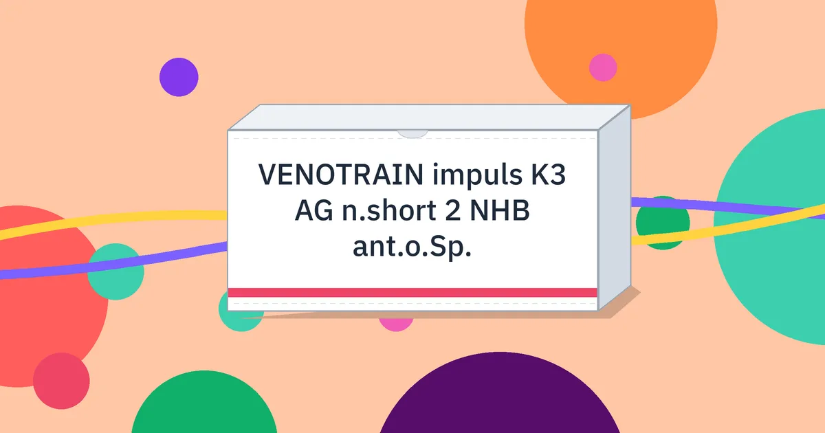 Symbolbild: Packung mit der Aufschrift VENOTRAIN impuls K3 AG n.short 2 NHB ant.o.Sp. (PZN 15216102) – Verfügbarkeit und Bezug in Apotheken in Frankfurt am Main
