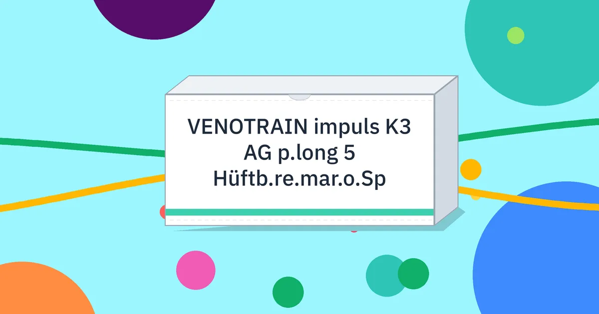 Symbolbild: Packung mit der Aufschrift VENOTRAIN impuls K3 AG p.long 5 Hüftb.re.mar.o.Sp (PZN 15218093) – Verfügbarkeit und Bezug in Apotheken in Frankfurt am Main