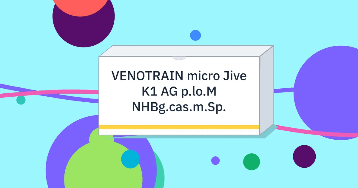 Symbolbild: Packung mit der Aufschrift VENOTRAIN micro Jive K1 AG p.lo.M NHBg.cas.m.Sp. (PZN 20766773) – Verfügbarkeit und Bezug in Apotheken in Frankfurt am Main