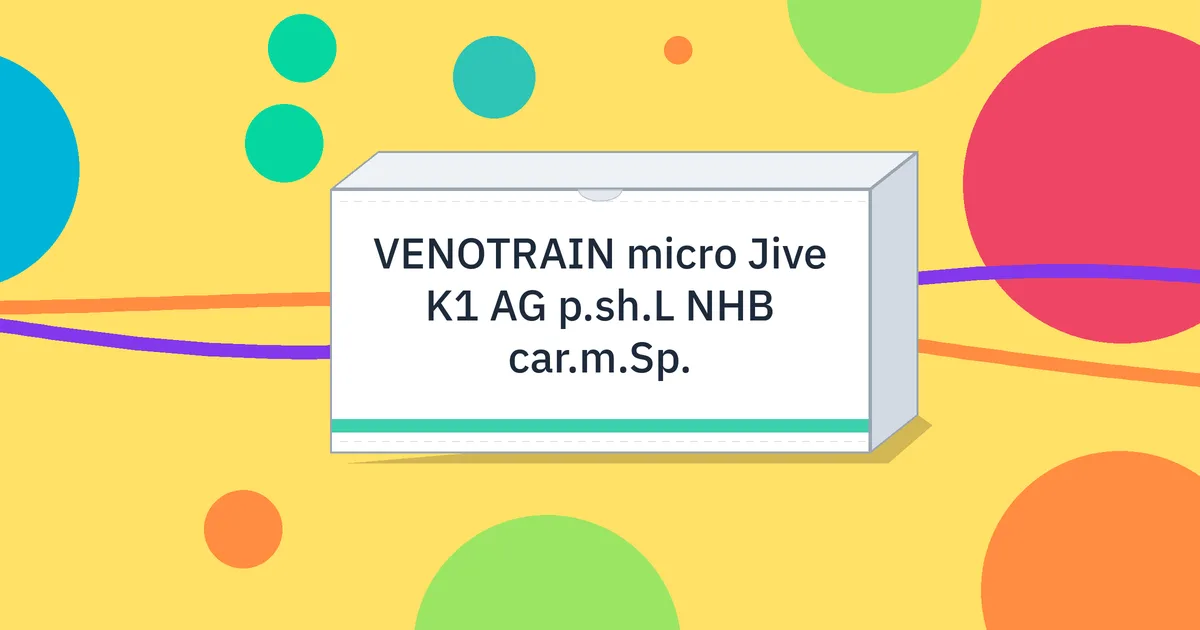 Symbolbild: Packung mit der Aufschrift VENOTRAIN micro Jive K1 AG p.sh.L NHB car.m.Sp. (PZN 17764210) – Verfügbarkeit und Bezug in Apotheken in Frankfurt am Main