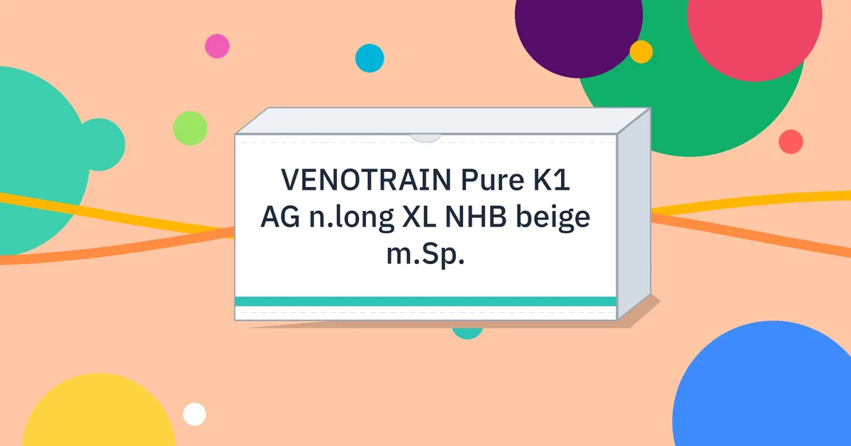 Symbolbild: Packung mit der Aufschrift VENOTRAIN Pure K1 AG n.long XL NHB beige m.Sp. (PZN 18147181) – Verfügbarkeit und Bezug in Apotheken in Frankfurt am Main