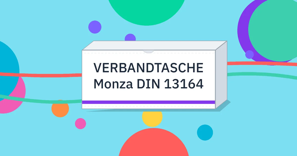 Symbolbild: Packung mit der Aufschrift VERBANDTASCHE Monza DIN 13164 (PZN 13250365) – Verfügbarkeit und Bezug in Apotheken in Frankfurt am Main