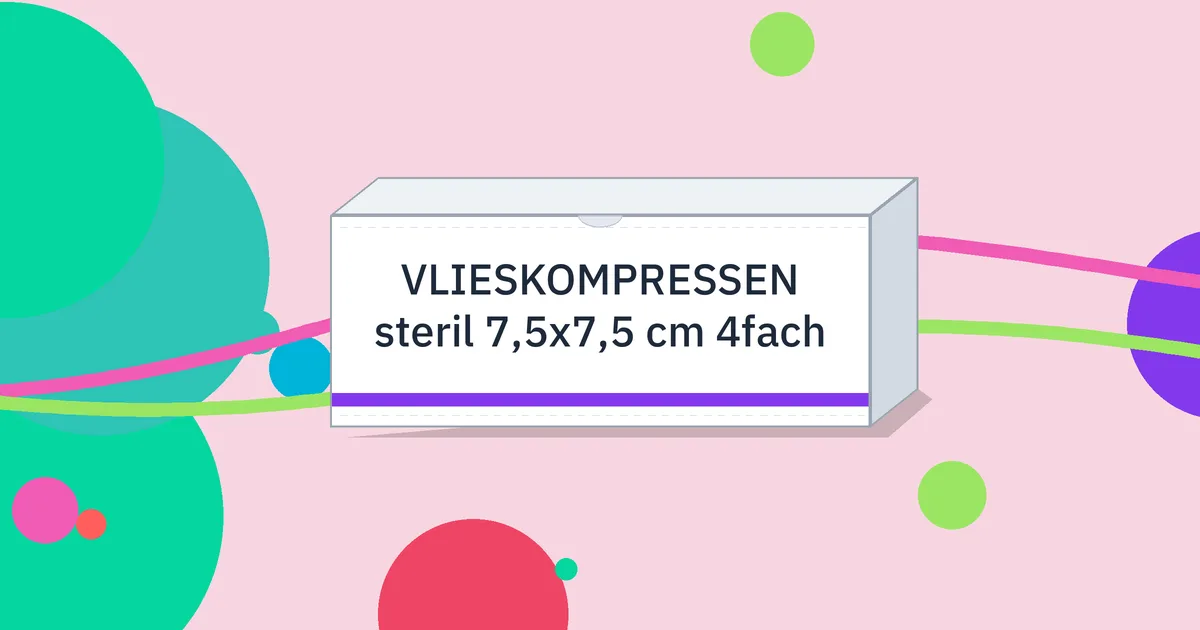 Symbolbild: Packung mit der Aufschrift VLIESKOMPRESSEN steril 7,5x7,5 cm 4fach (PZN 05017353) – Verfügbarkeit und Bezug in Apotheken in Frankfurt am Main