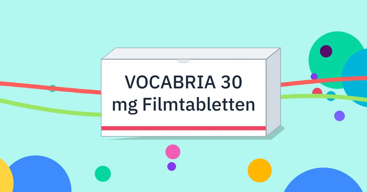 Symbolbild: Packung mit der Aufschrift VOCABRIA 30 mg Filmtabletten (PZN 16790808) – Verfügbarkeit und Bezug in Apotheken in Frankfurt am Main
