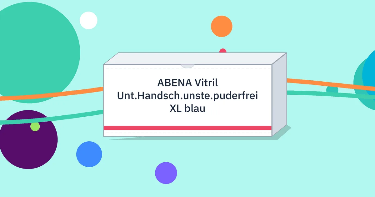Symbolbild: Packung mit der Aufschrift ABENA Vitril Unt.Handsch.unste.puderfrei XL blau (PZN 16932349) – Verfügbarkeit und Bezug in Apotheken in Frankfurt am Main