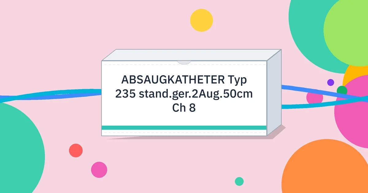 Symbolbild: Packung mit der Aufschrift ABSAUGKATHETER Typ 235 stand.ger.2Aug.50cm Ch 8 (PZN 16598933) – Verfügbarkeit und Bezug in Apotheken in Frankfurt am Main