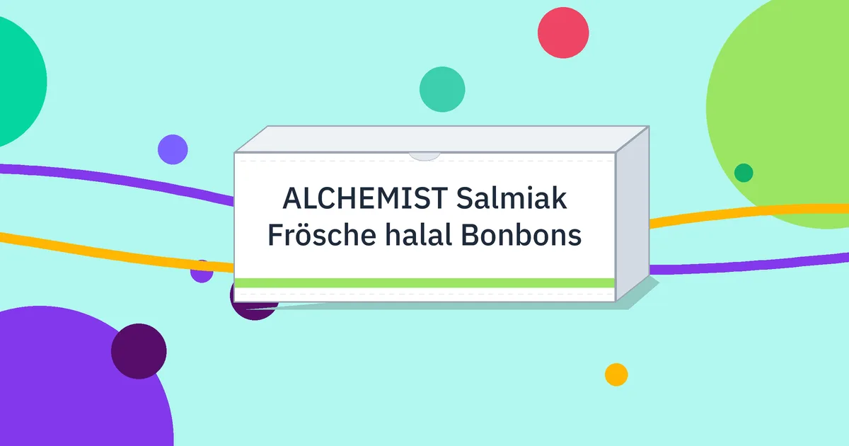 Symbolbild: Packung mit der Aufschrift ALCHEMIST Salmiak Frösche halal Bonbons (PZN 12518966) – Verfügbarkeit und Bezug in Apotheken in Frankfurt am Main