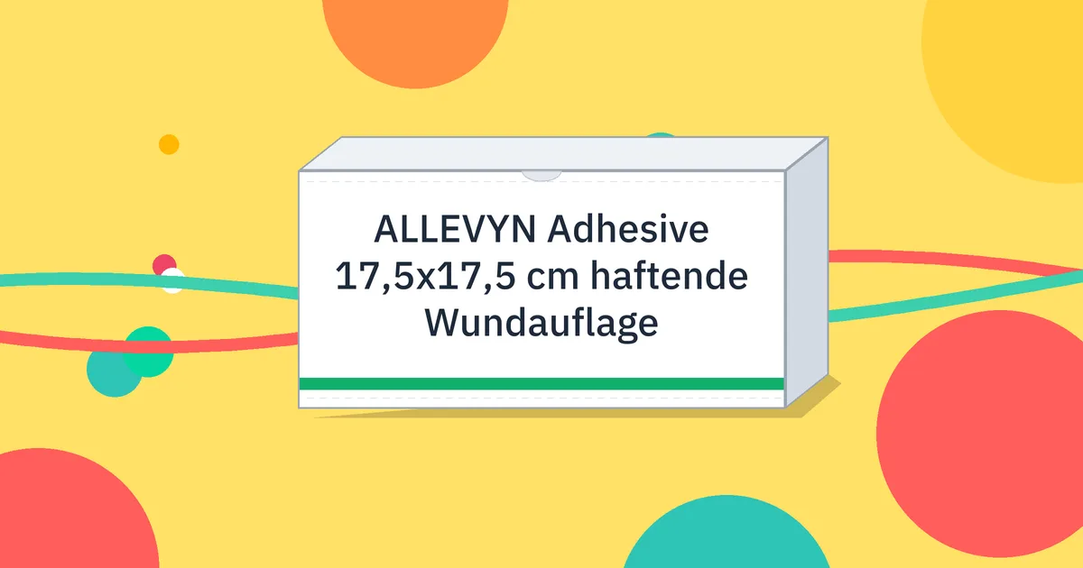 Symbolbild: Packung mit der Aufschrift ALLEVYN Adhesive 17,5x17,5 cm haftende Wundauflage (PZN 01130472) – Verfügbarkeit und Bezug in Apotheken in Frankfurt am Main