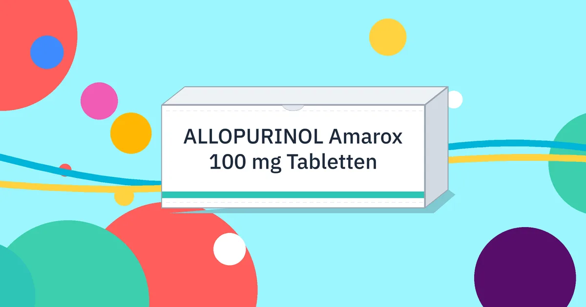 Symbolbild: Packung mit der Aufschrift ALLOPURINOL Amarox 100 mg Tabletten (PZN 18273253) – Verfügbarkeit und Bezug in Apotheken in Frankfurt am Main