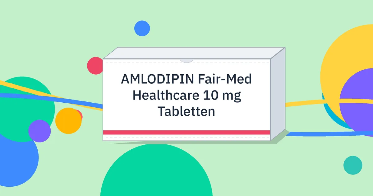 Symbolbild: Packung mit der Aufschrift AMLODIPIN Fair-Med Healthcare 10 mg Tabletten (PZN 14321400) – Verfügbarkeit und Bezug in Apotheken in Frankfurt am Main