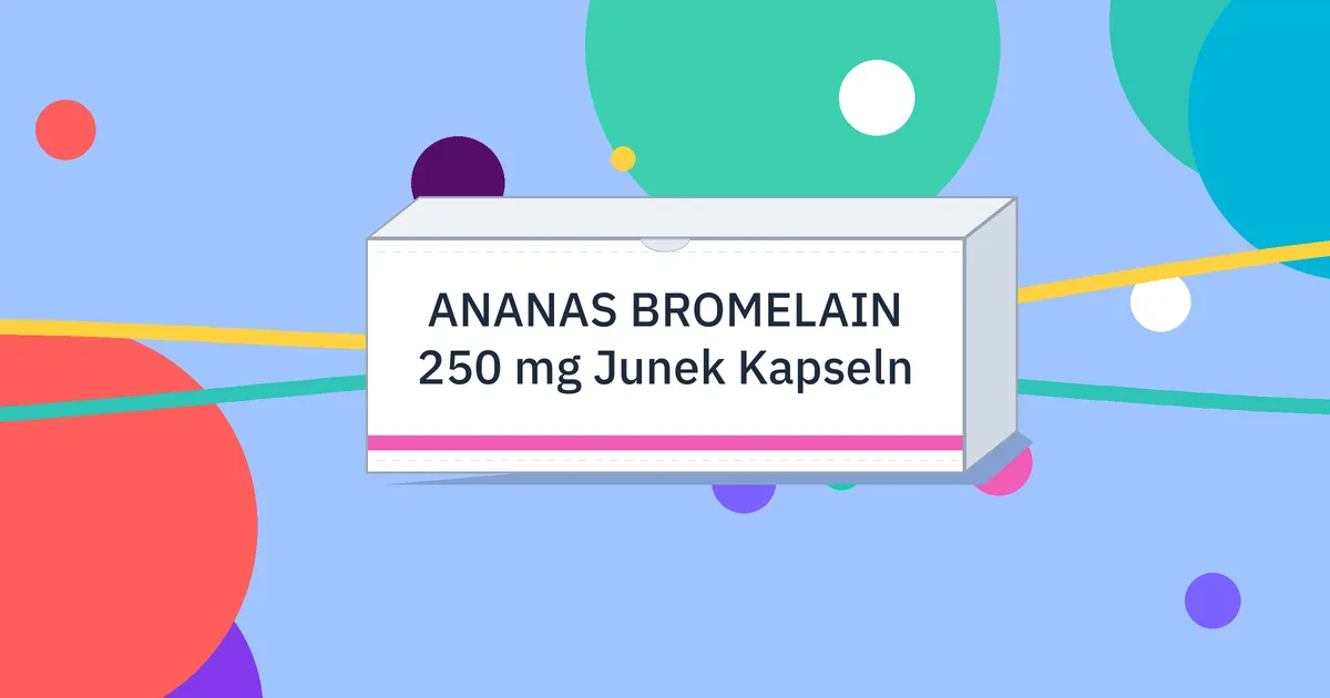 Symbolbild: Packung mit der Aufschrift ANANAS BROMELAIN 250 mg Junek Kapseln (PZN 02572396) – Verfügbarkeit und Bezug in Apotheken in Frankfurt am Main