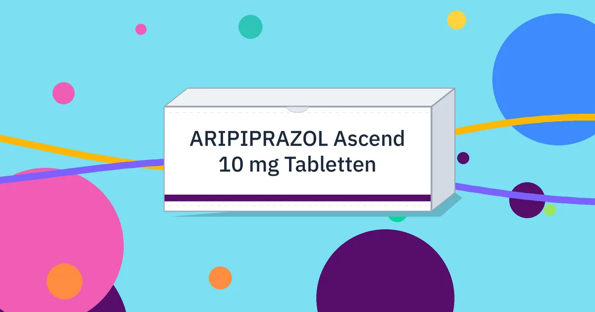 Symbolbild: Packung mit der Aufschrift ARIPIPRAZOL Ascend 10 mg Tabletten (PZN 18425326) – Verfügbarkeit und Bezug in Apotheken in Frankfurt am Main