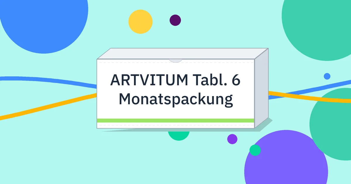 Symbolbild: Packung mit der Aufschrift ARTVITUM Tabl. 6 Monatspackung (PZN 00241471) – Verfügbarkeit und Bezug in Apotheken in Frankfurt am Main