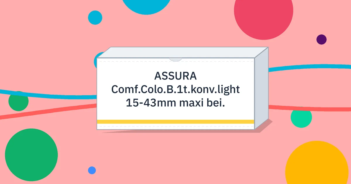 Symbolbild: Packung mit der Aufschrift ASSURA Comf.Colo.B.1t.konv.light 15-43mm maxi bei. (PZN 04011615) – Verfügbarkeit und Bezug in Apotheken in Frankfurt am Main